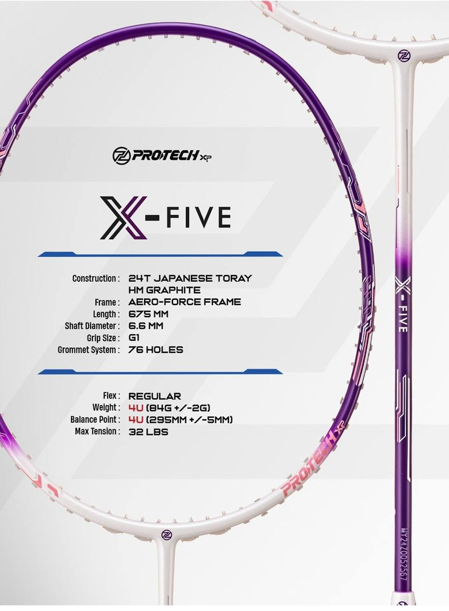 Protech X-FIVE (Purple) 4u (32lbs Max) Badminton Racket - Unstrung & F ...